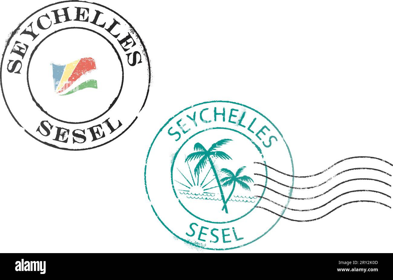 Two postal stamp ''Seychelles''. English and Creole quote. White ...