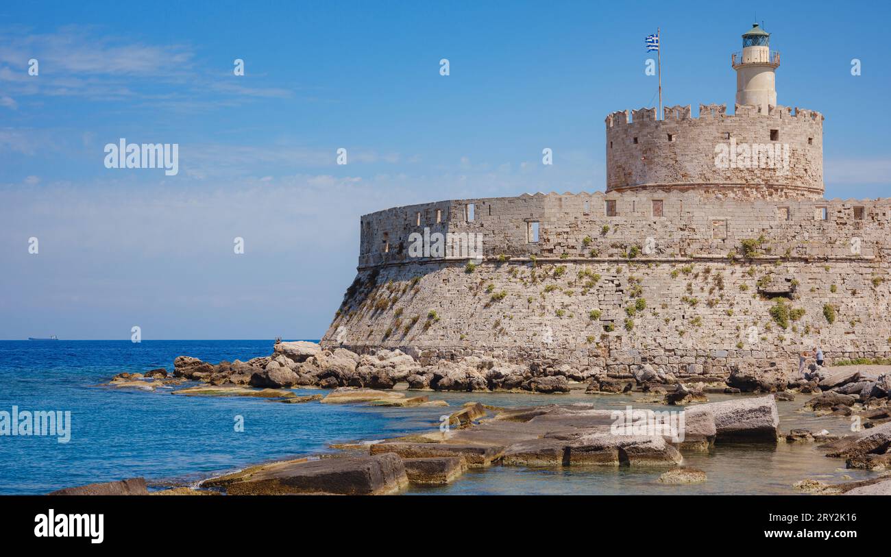 Mandraki port and fort of St. Nicholas. Rhodes, Greece. Hirschkuh ...