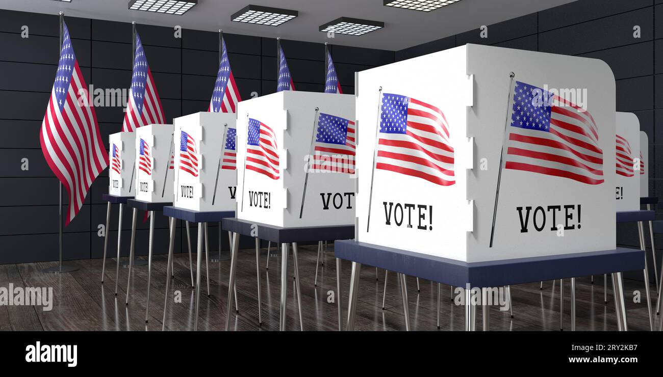 USA - polling station with many voting booths - election concept - 3D ...