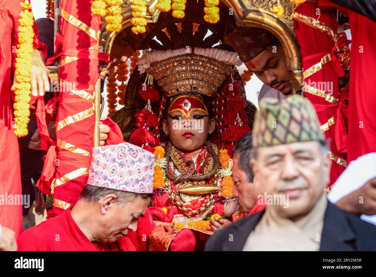 Kathmandu, Nepal. 28th Sep, 2023. Nepal's Kumari (living goddess, C) is ...