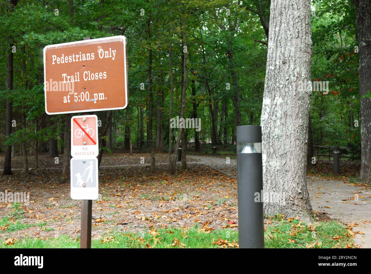 Photo shows hiking trail information sign at the Kings Mountain National Military Park Welcome ...
