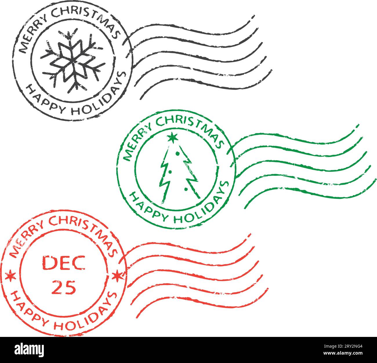 Set of postal stamps ''Merry Christmas-happy holidays''. Black, green ...