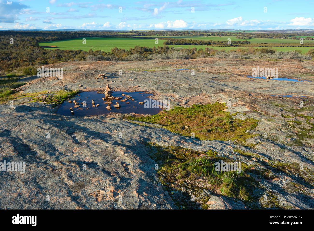 View across farmland in late afternoon light from Yilliminning Rock ...