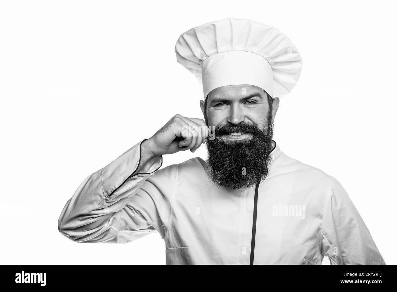 Funny chef with beard cook. Beard man and moustache wearing bib apron ...