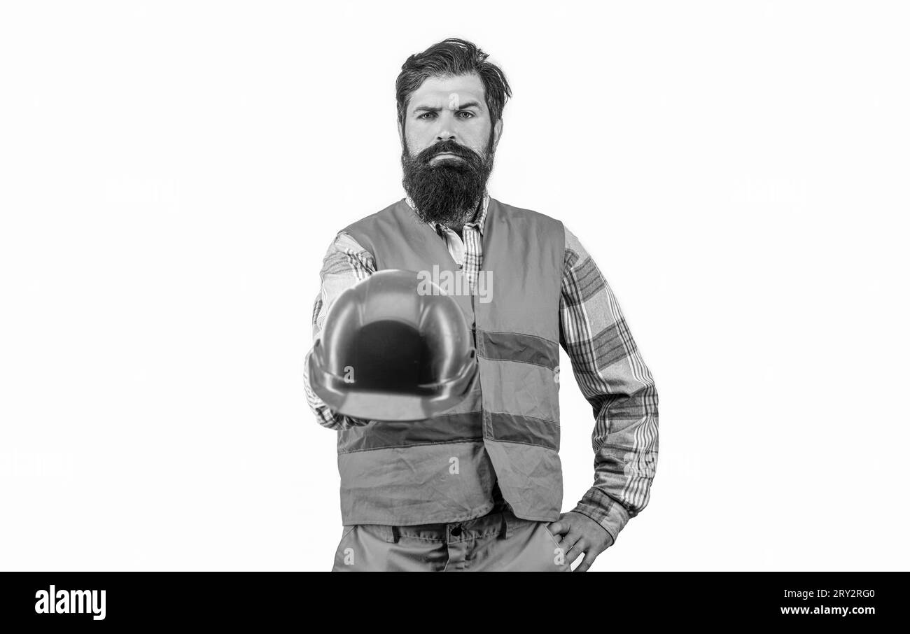 Man builders, industry. Worker in construction uniform. Bearded man ...