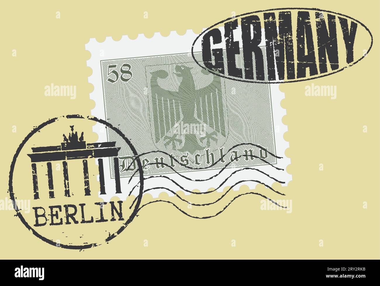Postal stamp symbols 'Berlin-Germany'. German coat of arms (engraved ...