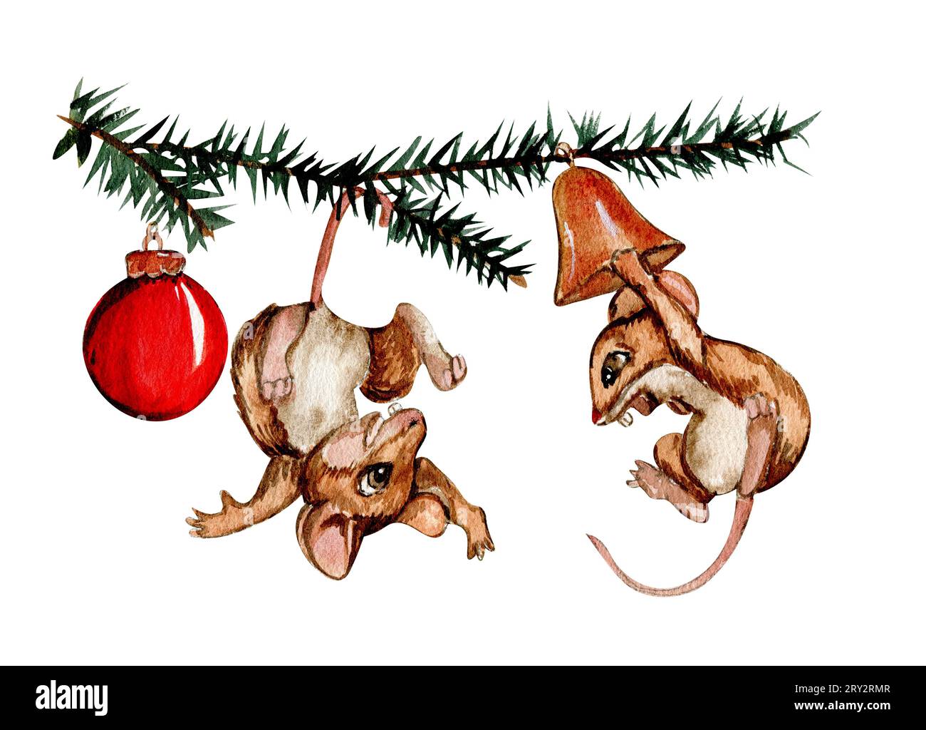 Watercolor Christmas mice in cartoon style. Watercolor Christmas hand ...