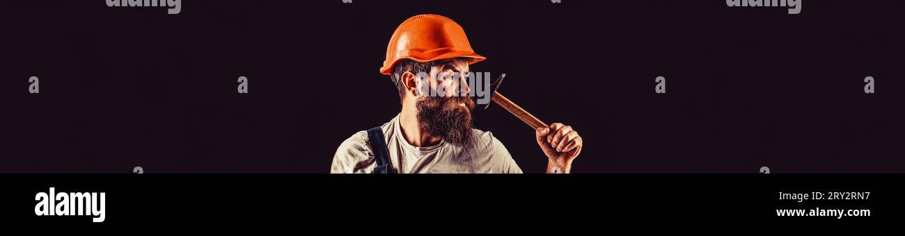 Hammer hammering. Builder in helmet, hammer, handyman, builders in ...