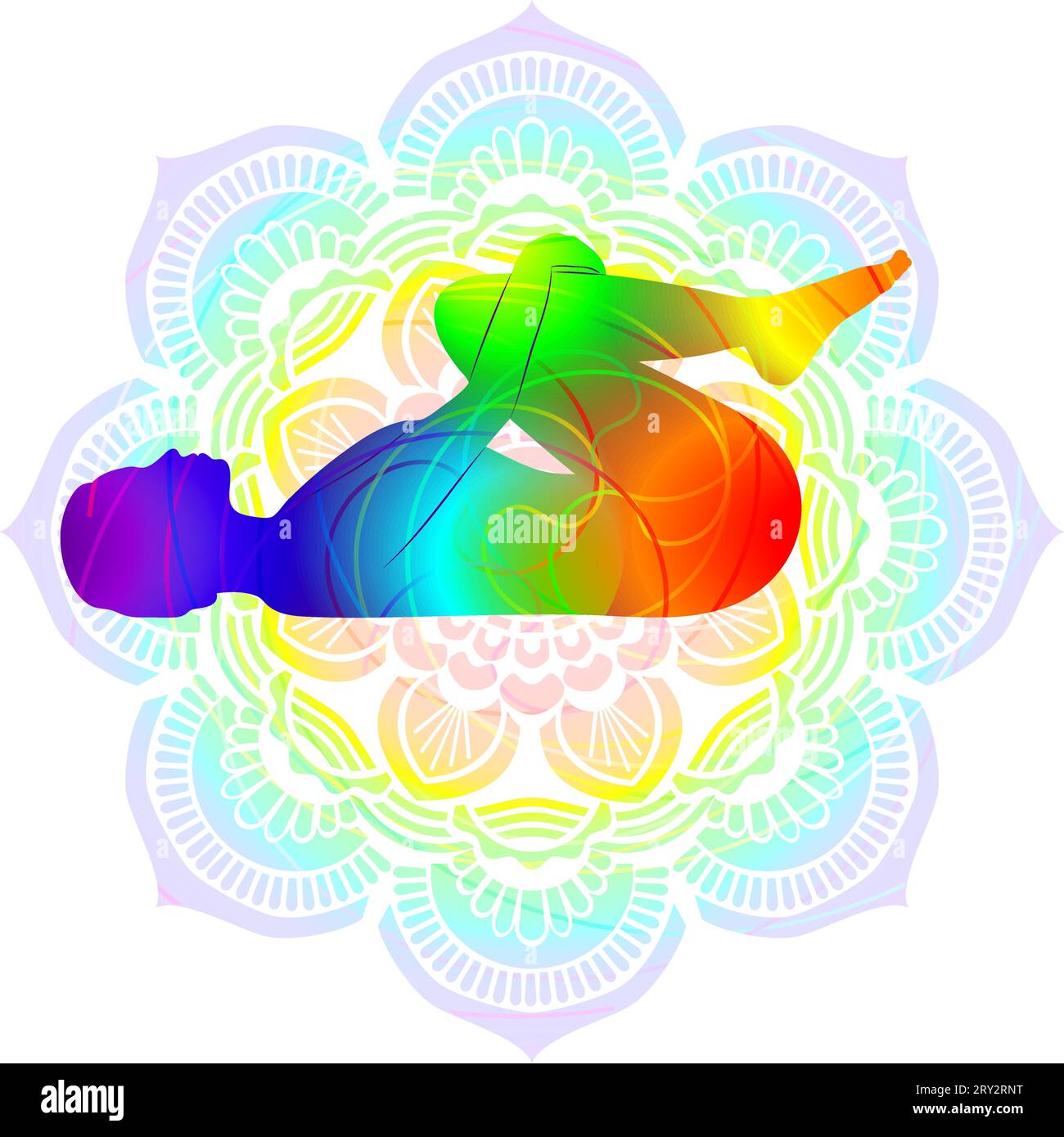 Colorful silhouette yoga posture. Wind Removing pose or Wind Relieving ...