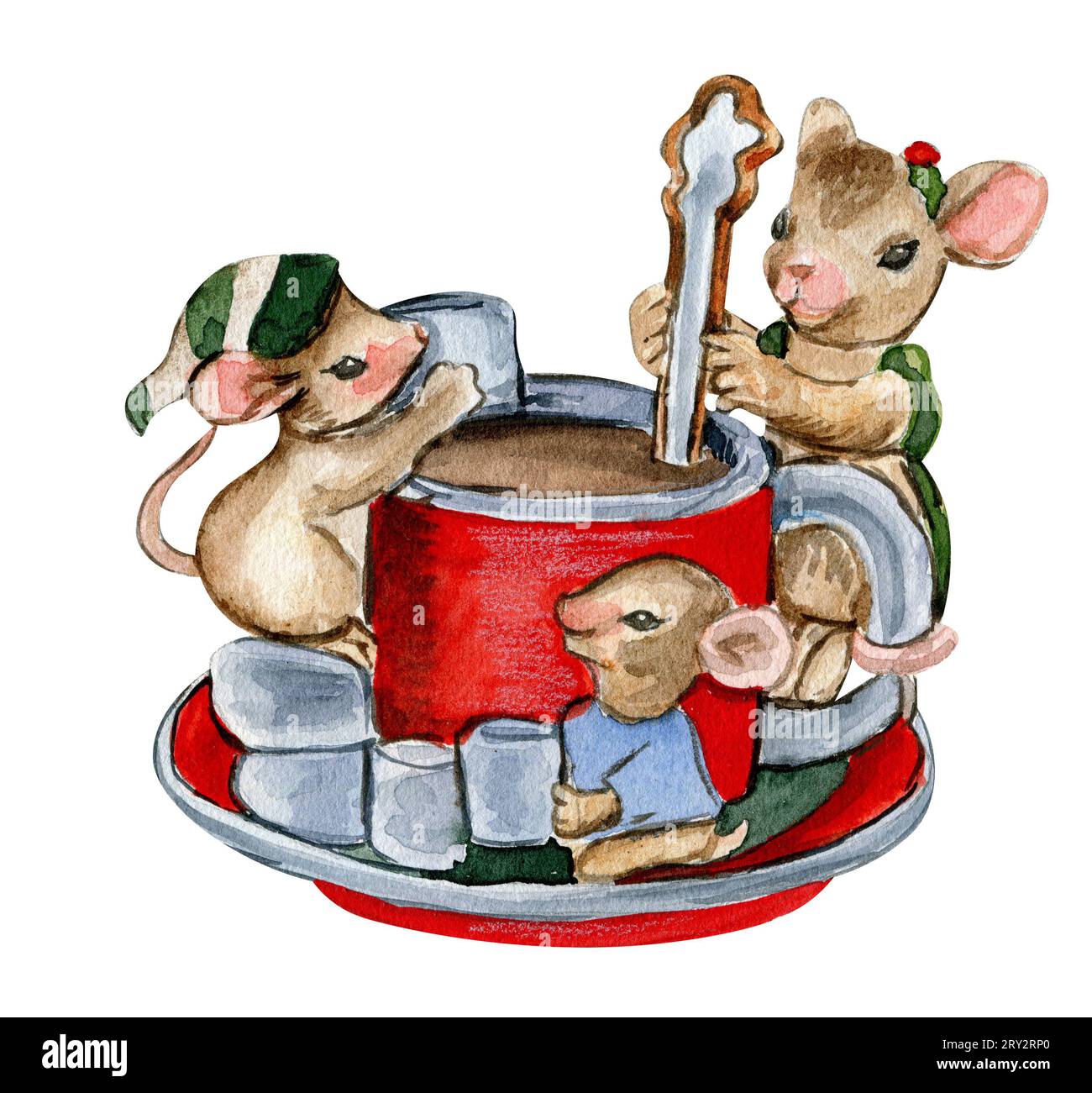 Watercolor Christmas mice in cartoon style. Watercolor Christmas hand ...