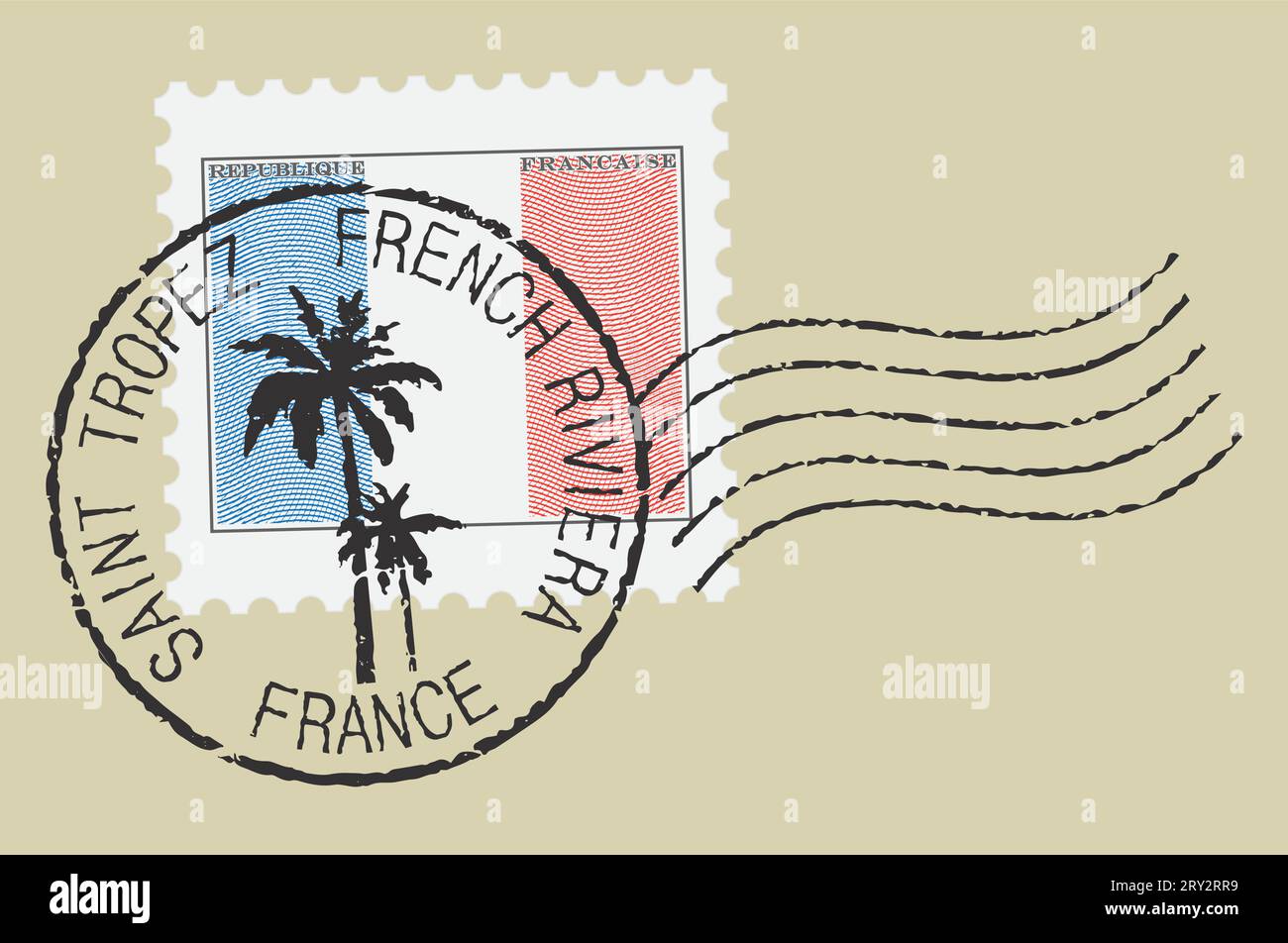 Postal stamp symbols 'Saint Tropez - France'. French flag (engraved ...