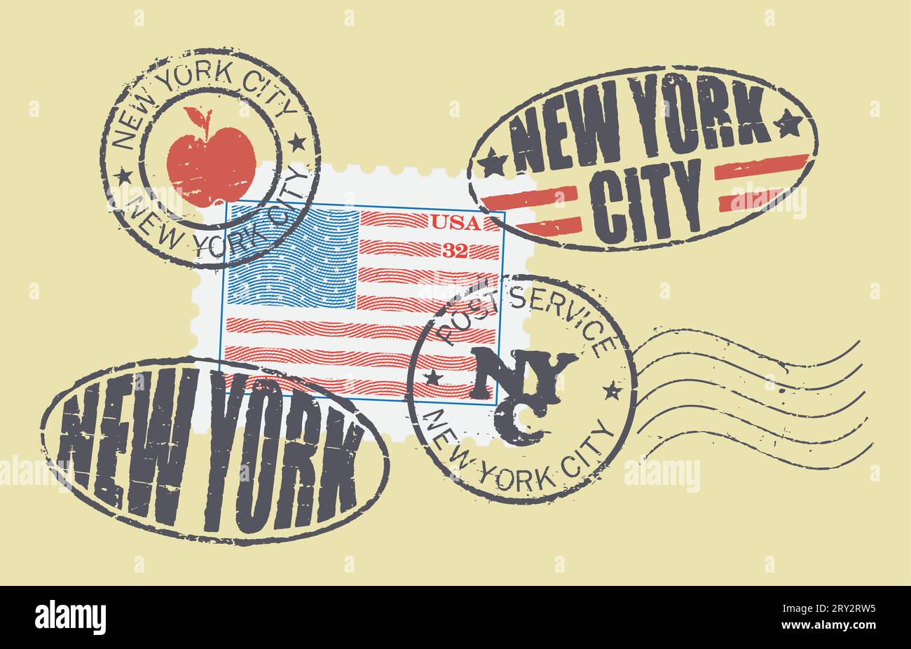 Postal stamp symbols 'New York City'. U.S. flag (engraved, woodcut ...