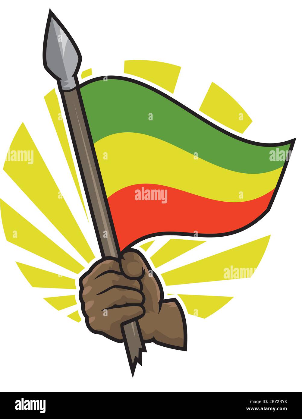 Illustration of an hand holding a spear with a waving Reggae flag. Sun ...
