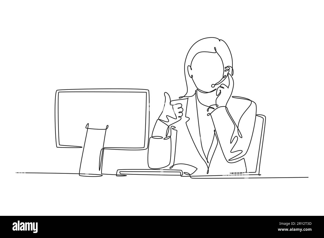 Single one line drawing young female call center worker sitting in ...