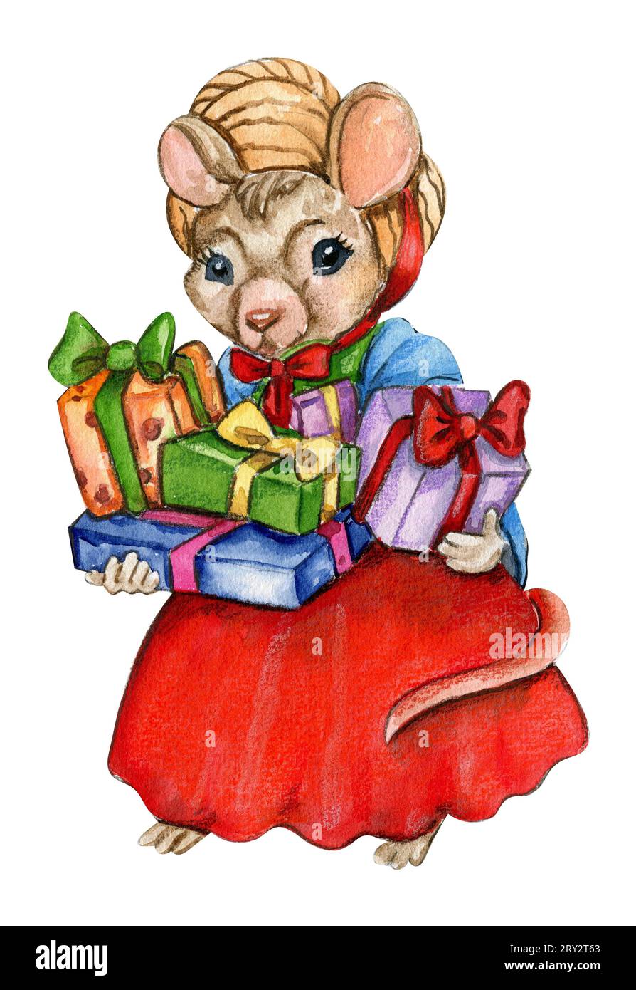 Watercolor Christmas mice in cartoon style. Watercolor Christmas hand ...