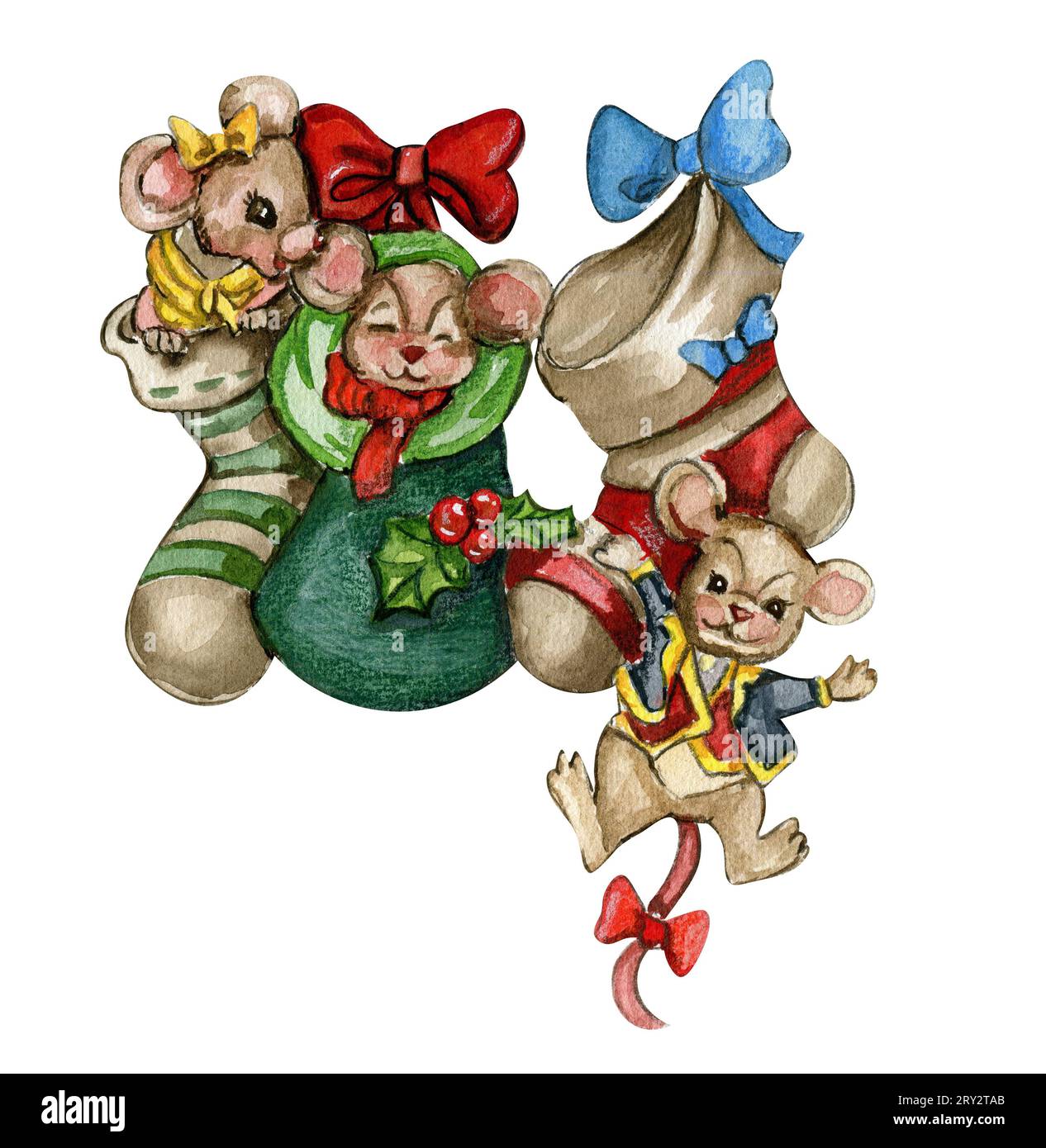 Watercolor Christmas mice in cartoon style. Watercolor Christmas hand ...