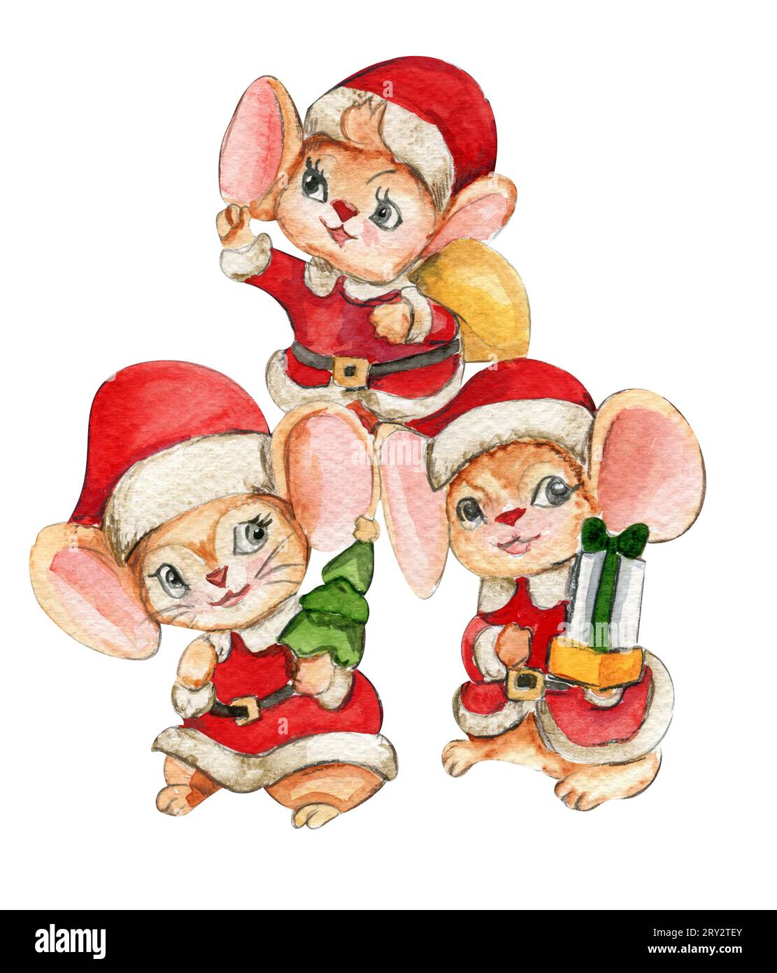 Watercolor Christmas mice in cartoon style. Watercolor Christmas hand ...
