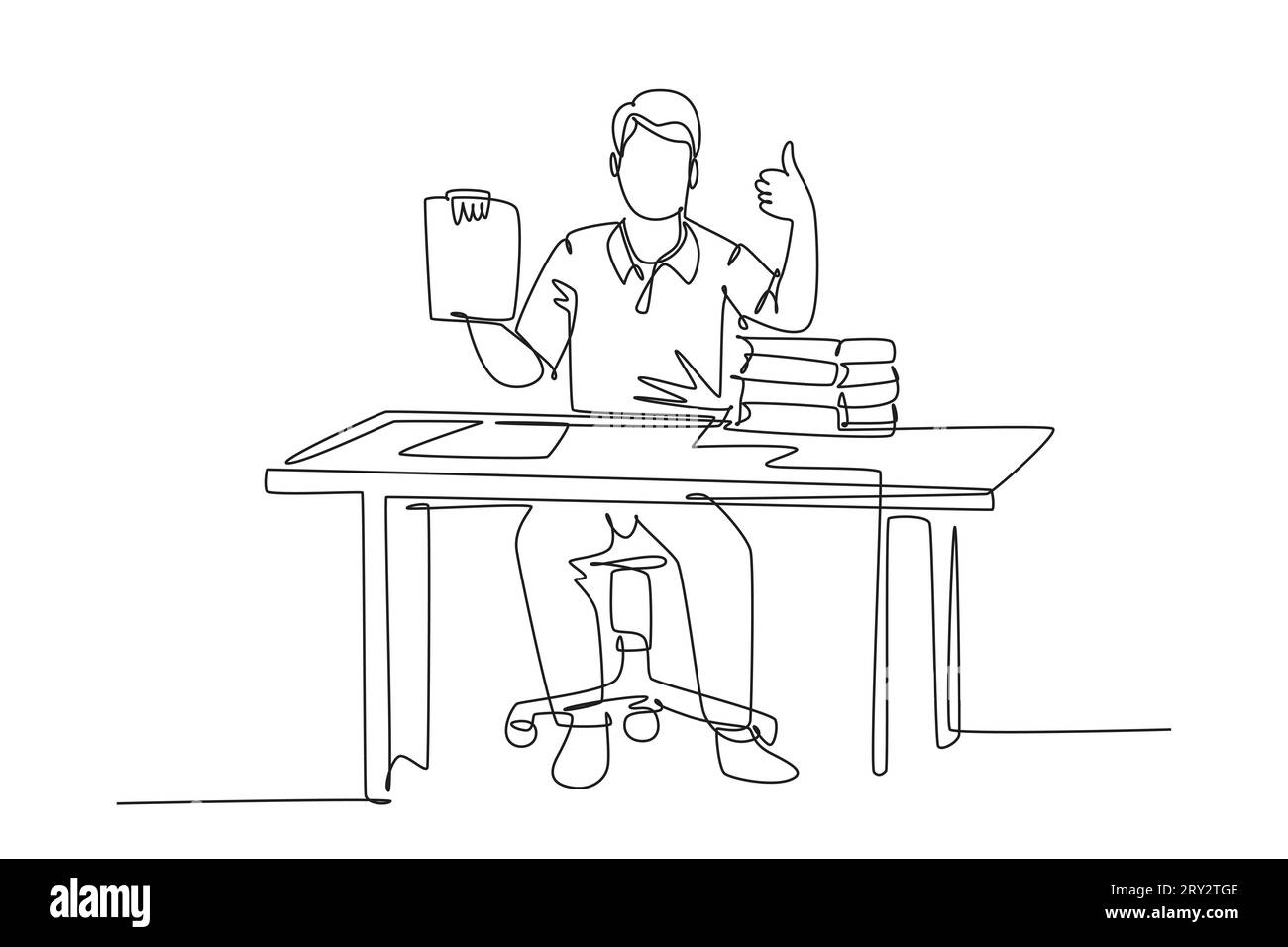 Single continuous line drawing young happy businessman show clipboard ...