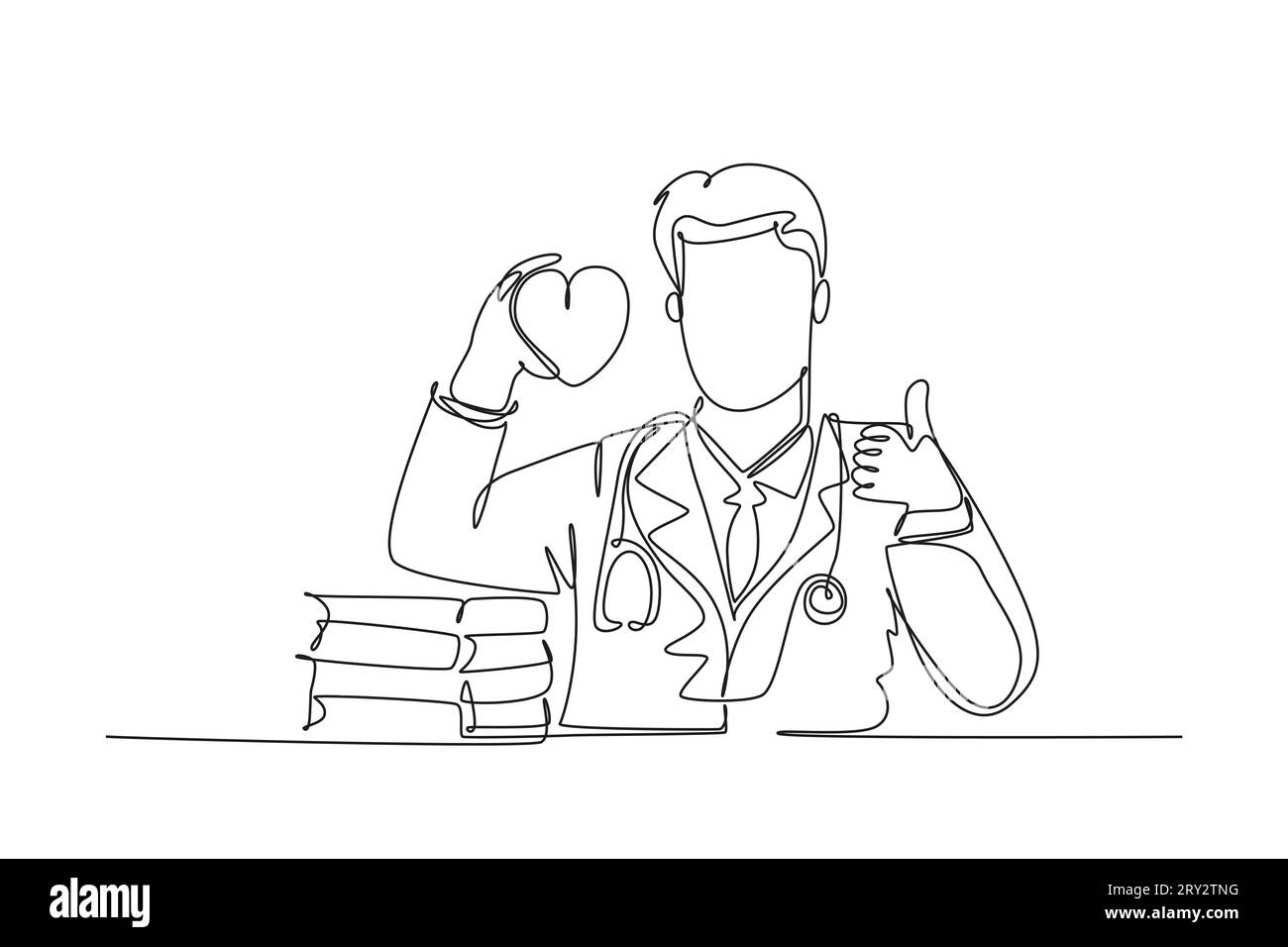Single continuous line drawing young happy male doctor holding heart ...