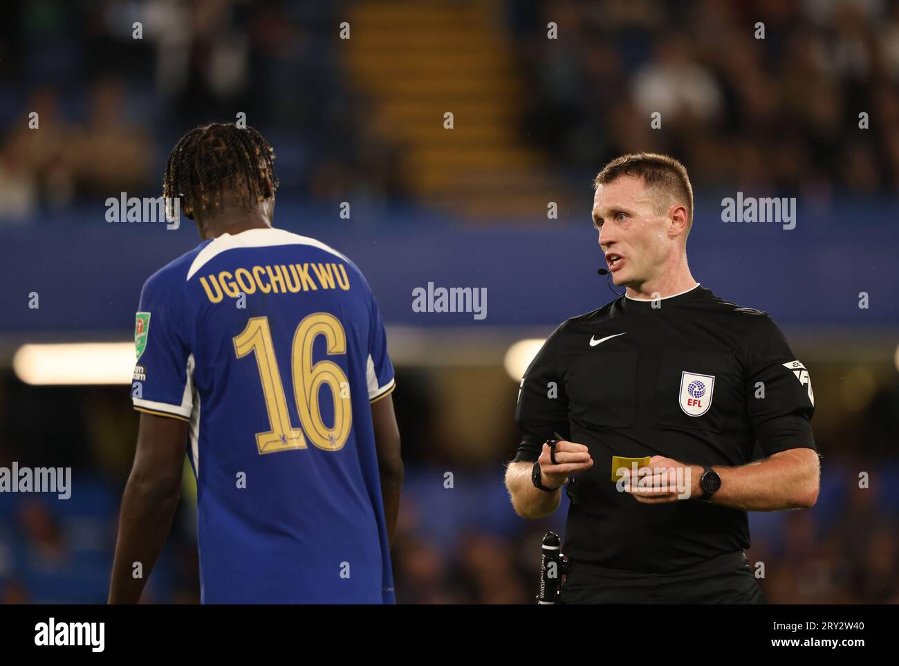 London, UK. 27th Sep, 2023. Referee Thomas Bramall speaks to Lesley ...