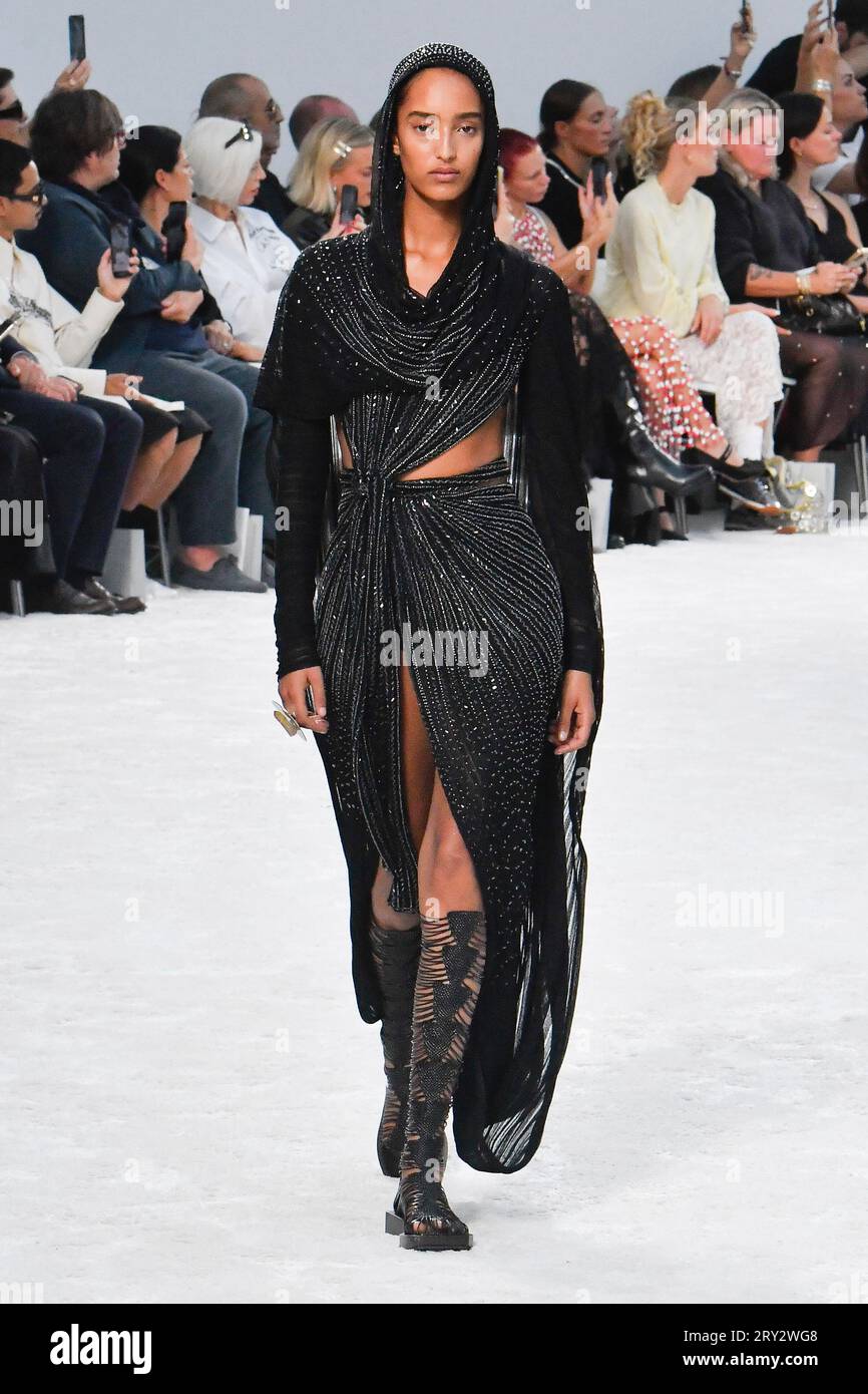 Paris, France. 28th Sep, 2023. Model Mona Tougaard walks at the Paco Rabanne fashion show during ...