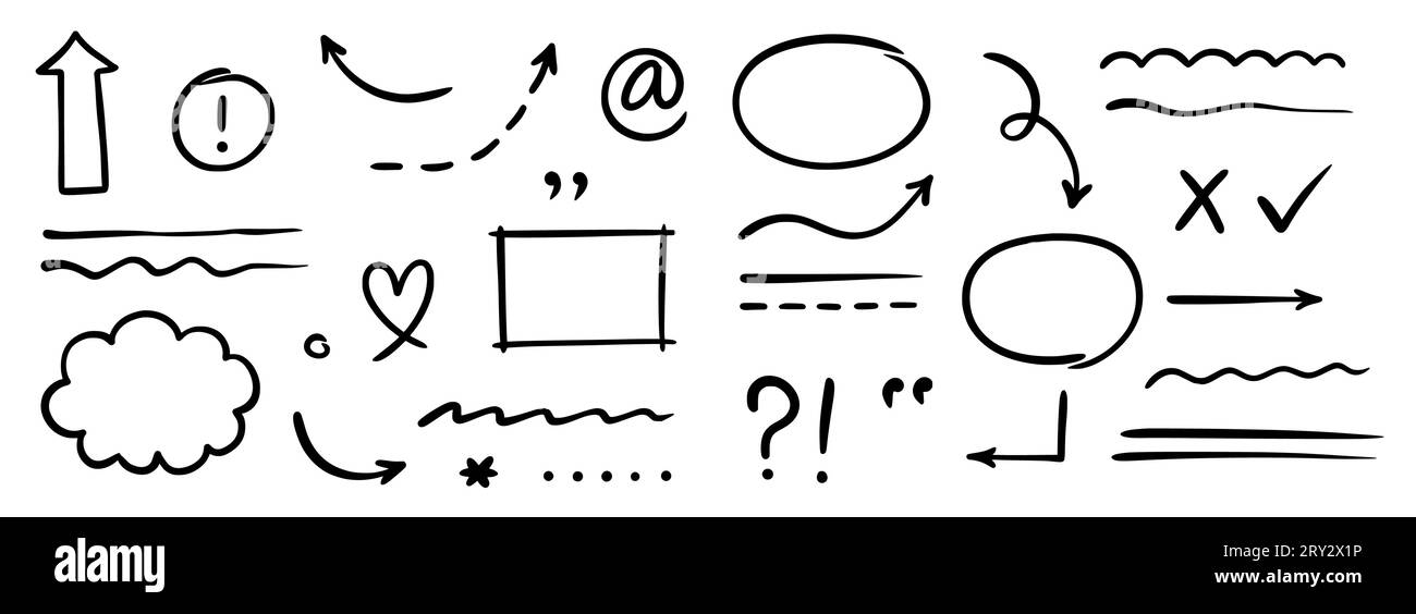 Hand drawn line arrow, sketch underline, round frame element set ...