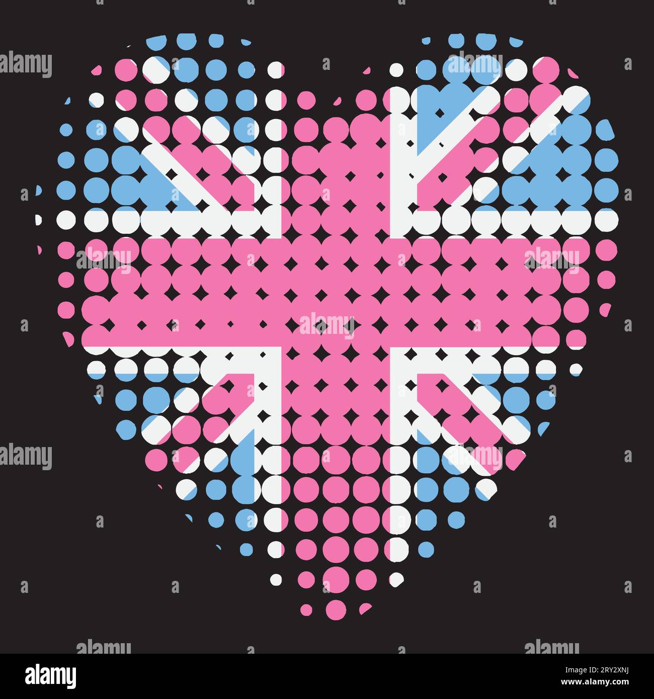 Isolated British flag inside heart. Halftone texture. Black background ...