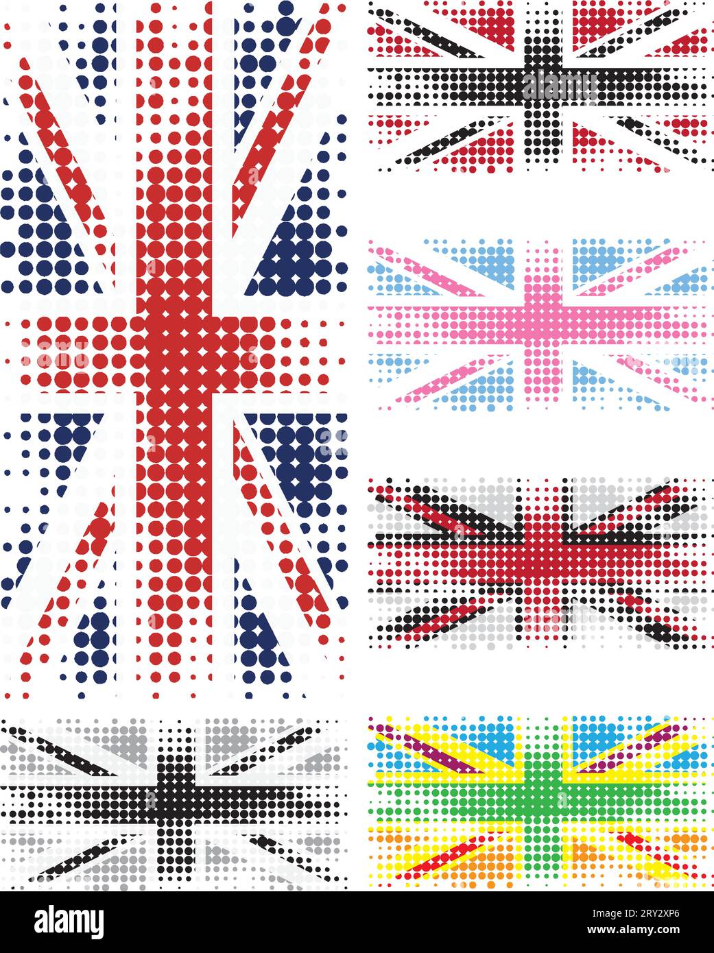 Set of British flags for t-shirt, posters... Halftone texture ...