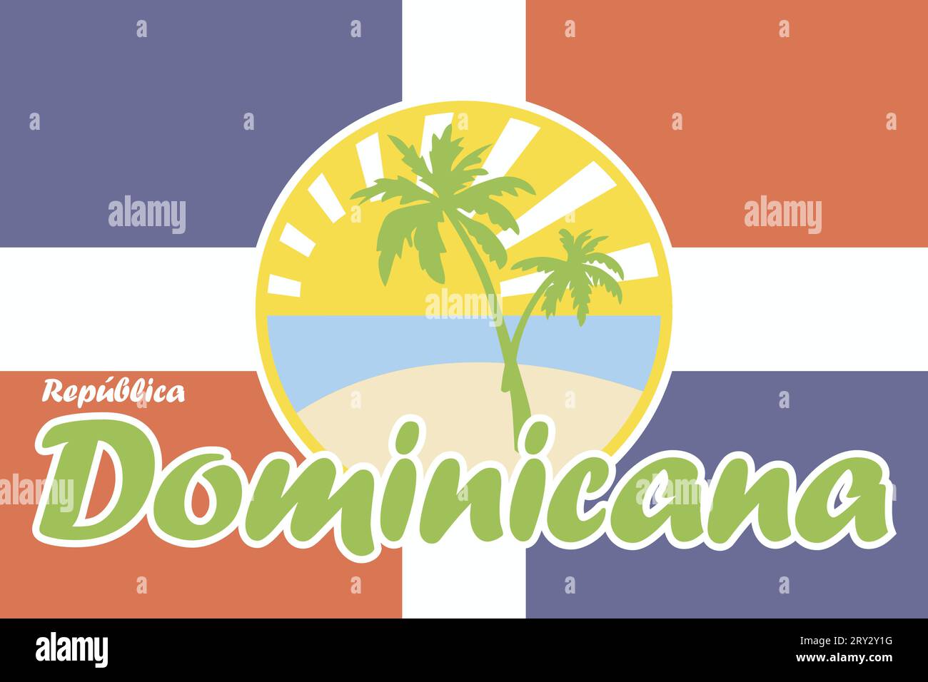 Flag of the Dominican Republic and emblem of tropical beach. Spanish ...