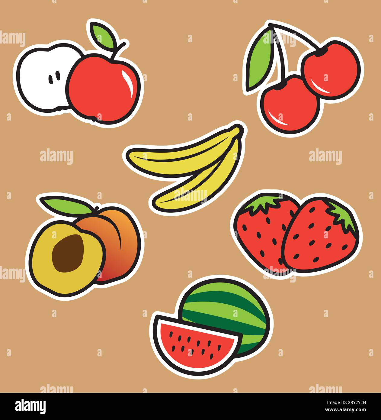 Set of fruit's cut line stickers. Brown background. Apple, cherry ...