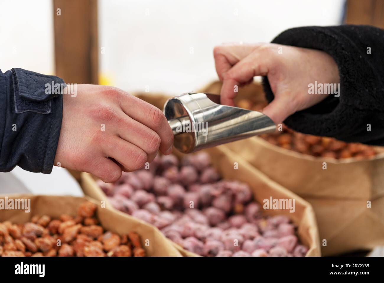 A hand with a scoop and a hand take nuts. mixed nuts hazelnuts, walnuts ...