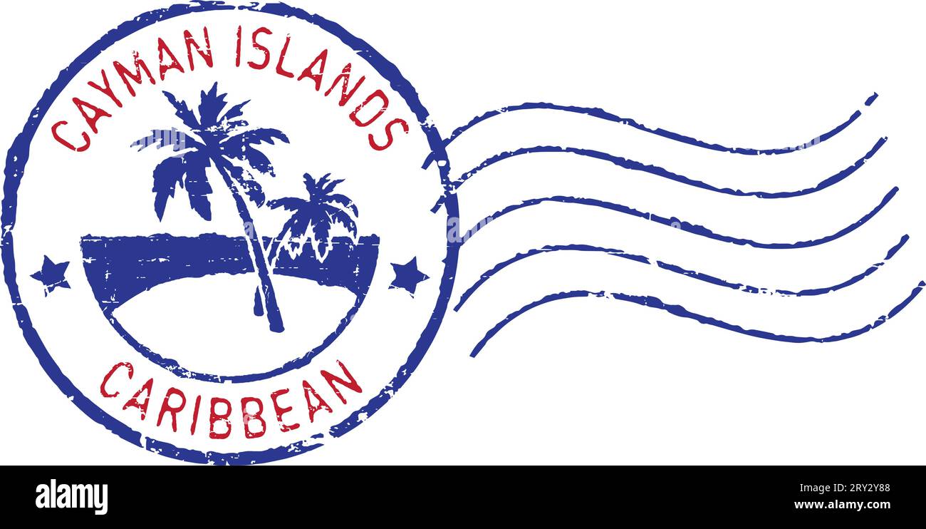 Blue postal grunge stamp ''Cayman islands-Caribbean'. White background ...