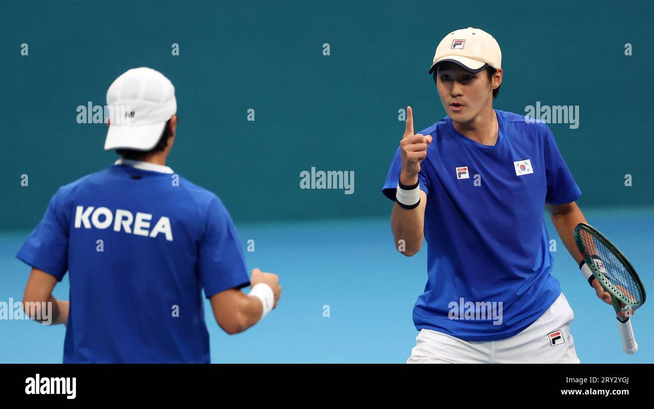 Hangzhou, China's Zhejiang Province. 28th Sep, 2023. Kwon Soonwoo/Hong Seongchan of South Korea ...