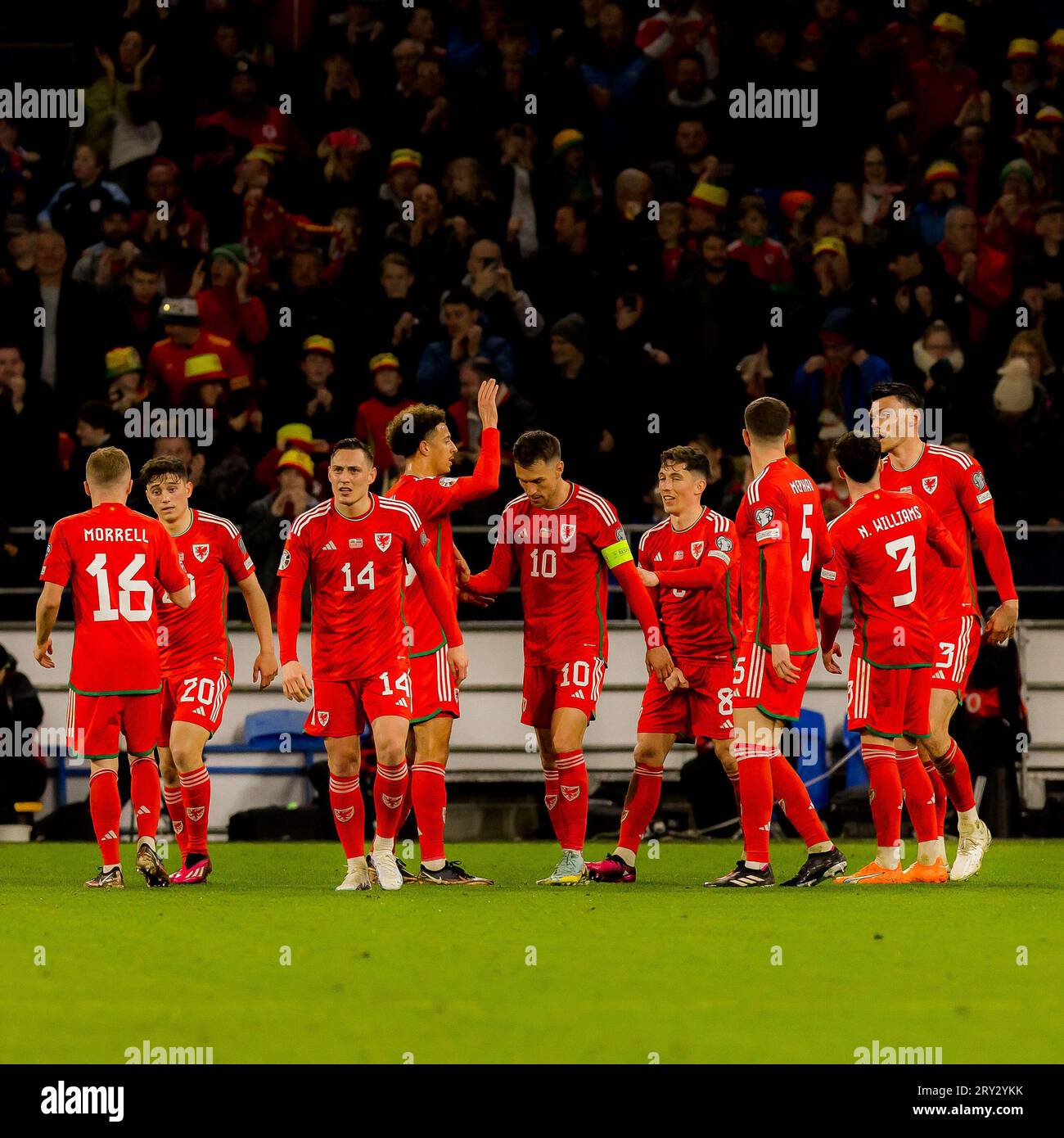 Cardiff, Wales - 28 March 2023: Wales’ Kieffer Moore celebrates scoring ...