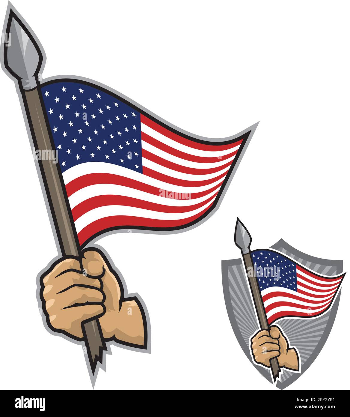 Illustration of an hand holding a spear with a waving US flag. White ...