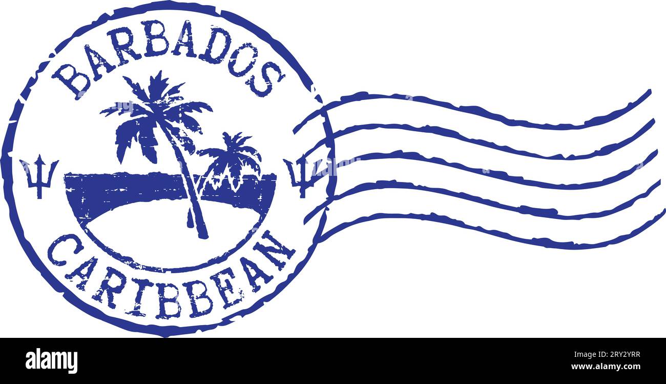 Blue postal grunge stamp ''Barbados-Caribbean'. White background Stock ...
