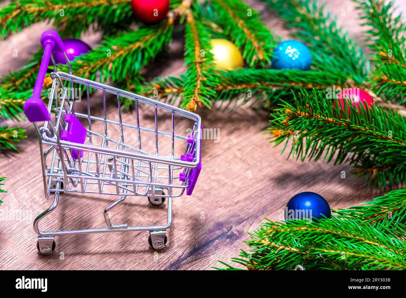 Trolley . Branches of a Christmas tree. Cart . Concept for Christmas ...