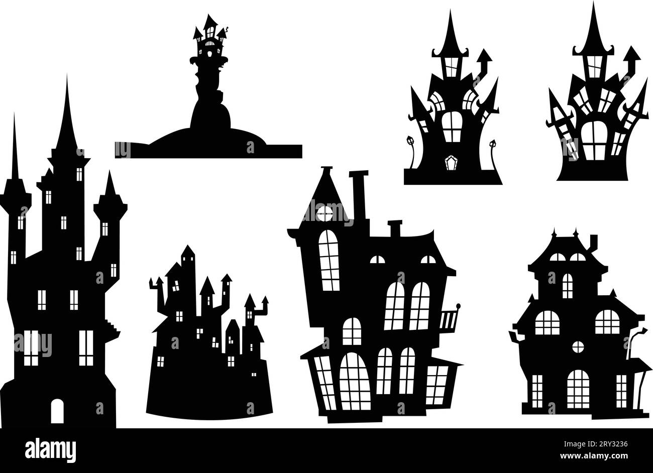 Halloween Haunted Castle Set Isolated On White Background Dark Halloween Houses Stock Vector