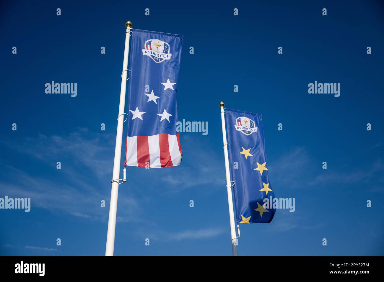 Ryder Cup flags of, USA. , . and Europe during day -1 of the Ryder Cup ...
