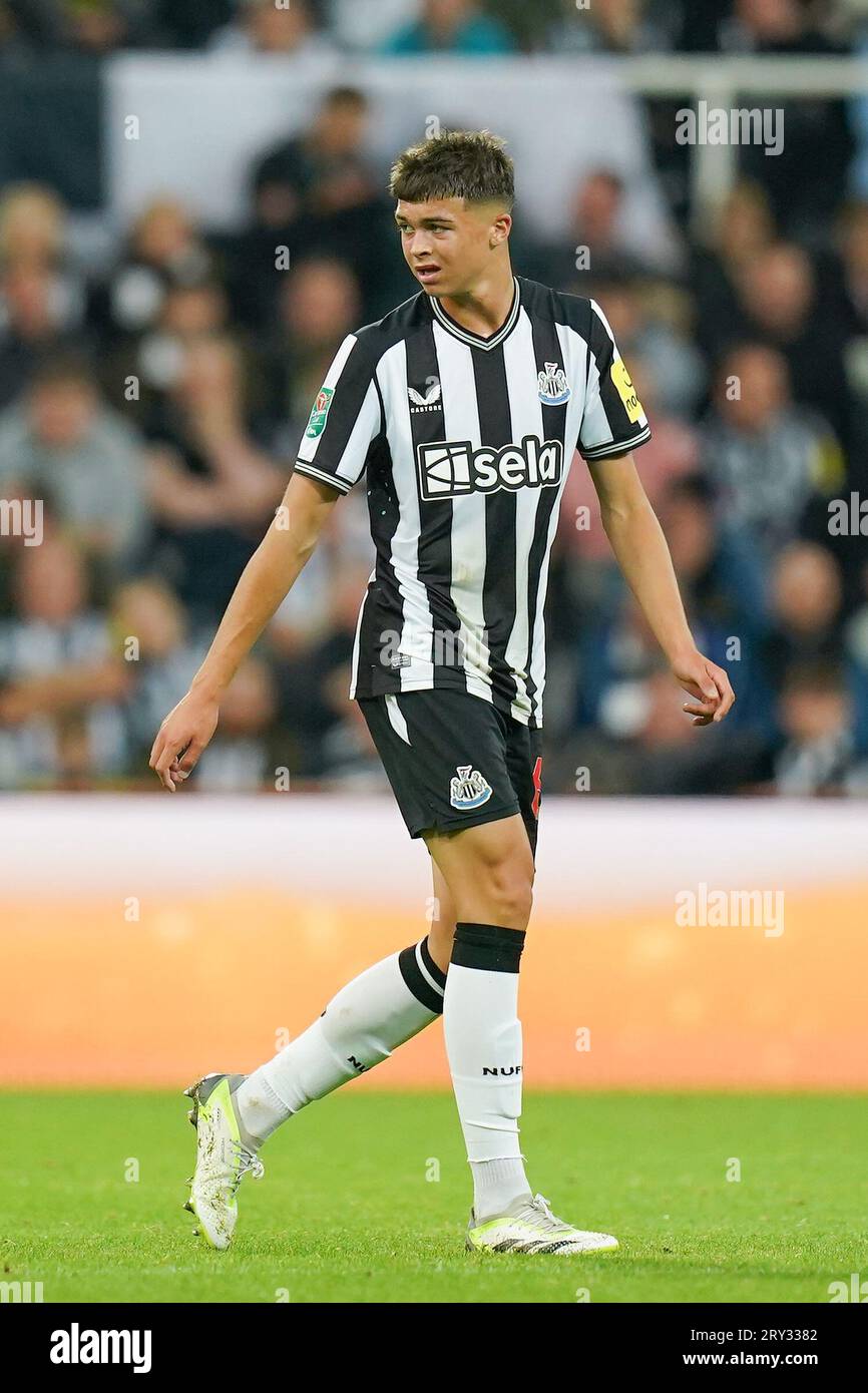 Newcastle, UK. 27th Sep, 2023. Newcastle United midfielder Lewis Miley ...