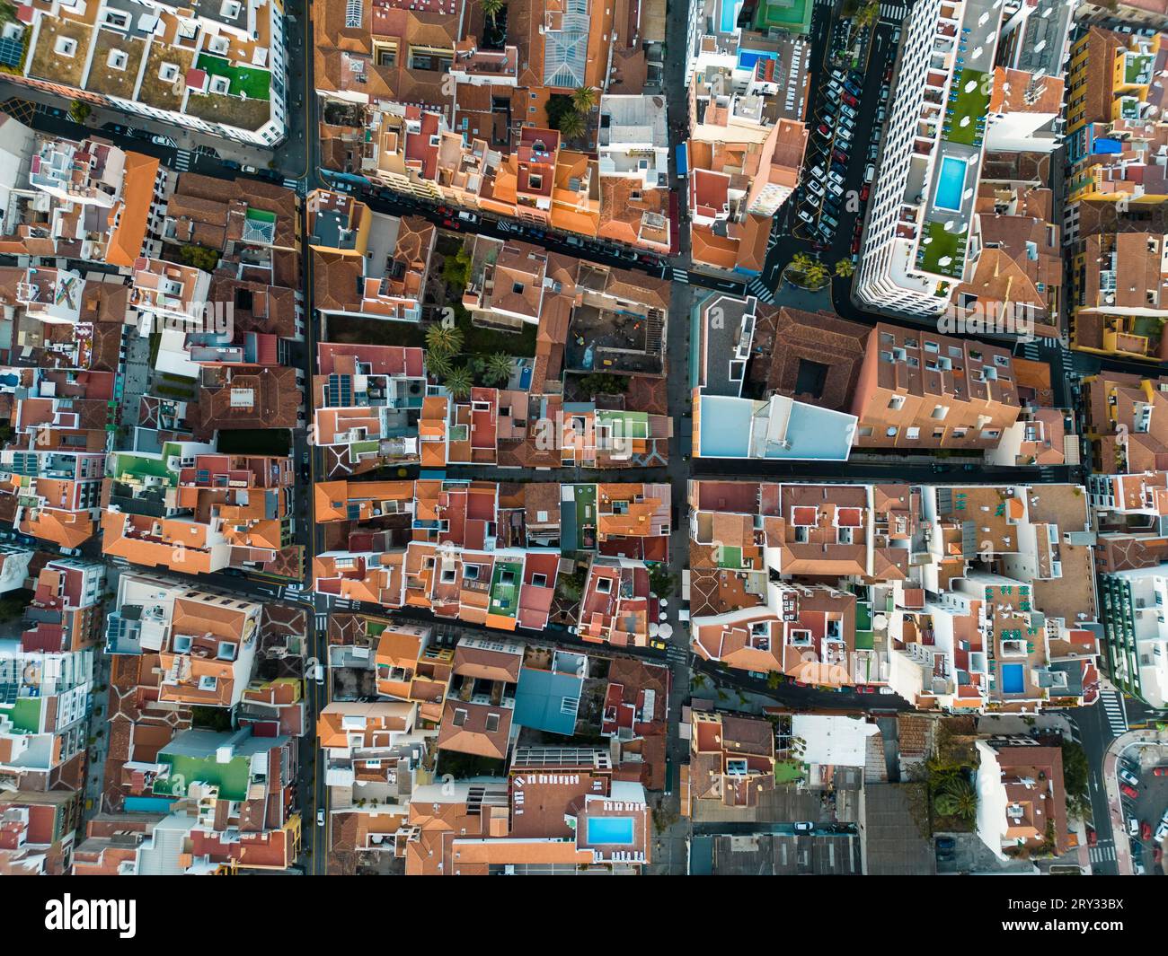 Spanish city Las Galletas aerial view, cozy buildings colorful roofs ...