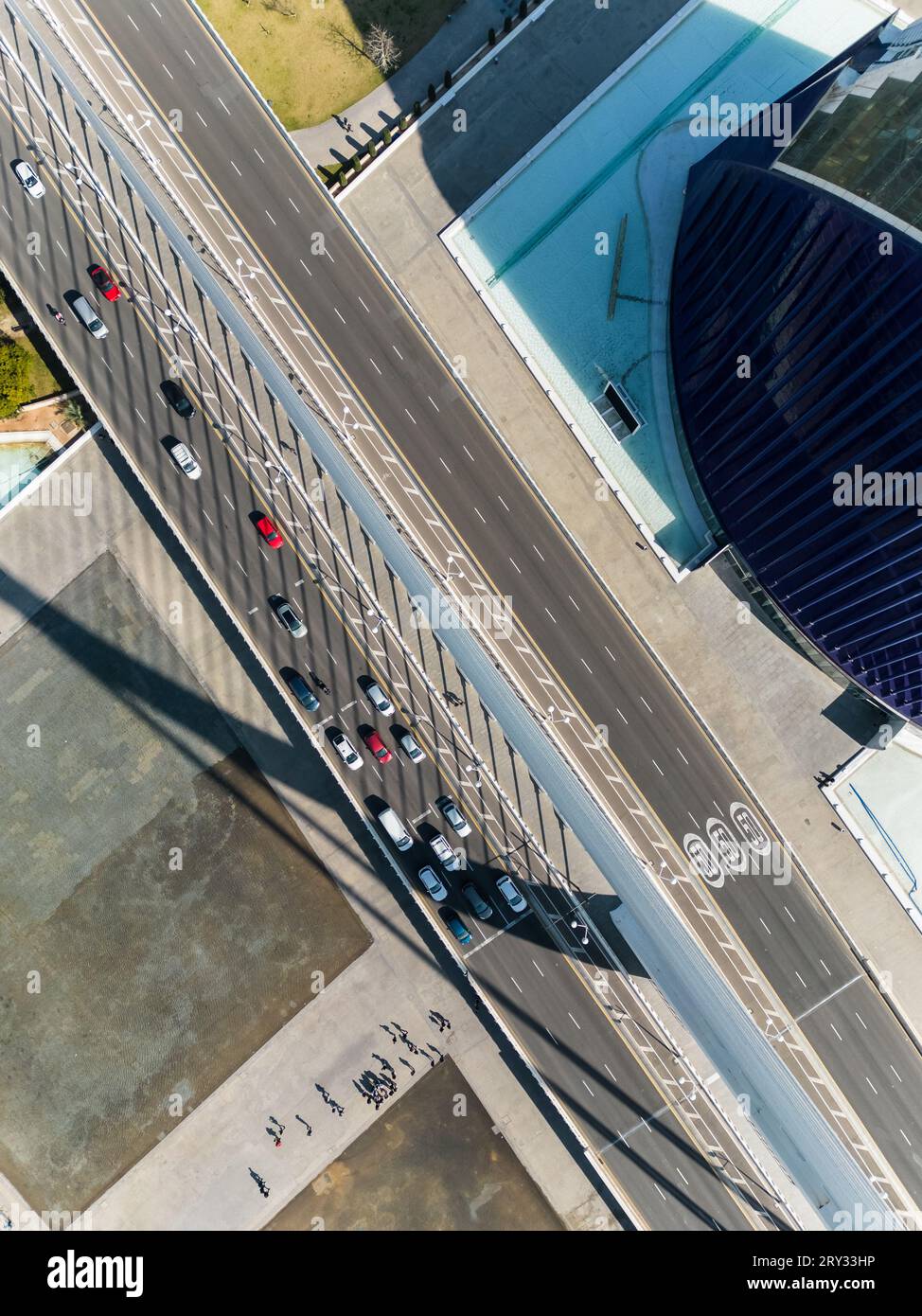 modern road with cars, rush hour, Valencia downtown district, aerial ...
