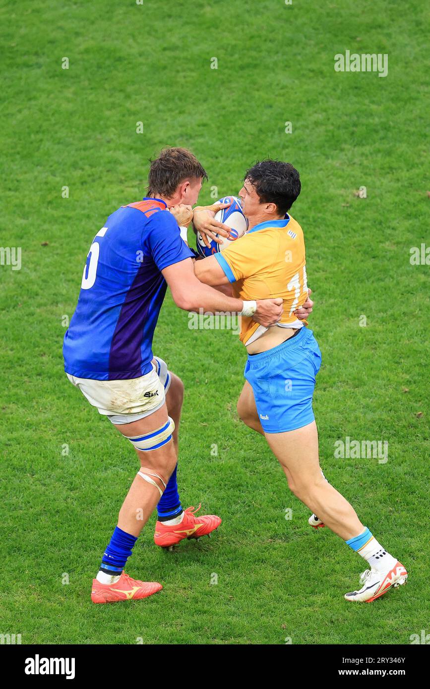 Lyon, France. 27th Sep, 2023. Tiaan De Klerk #5 of Namibia and Baltazar ...
