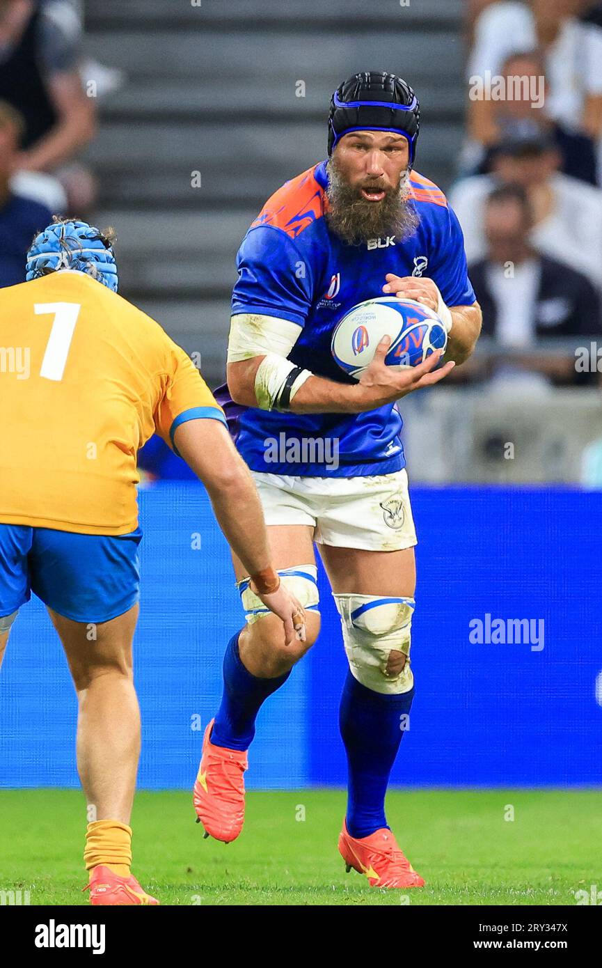 Lyon, France. 27th Sep, 2023. Pieter Jan Van Lill #19 of Namibia during ...