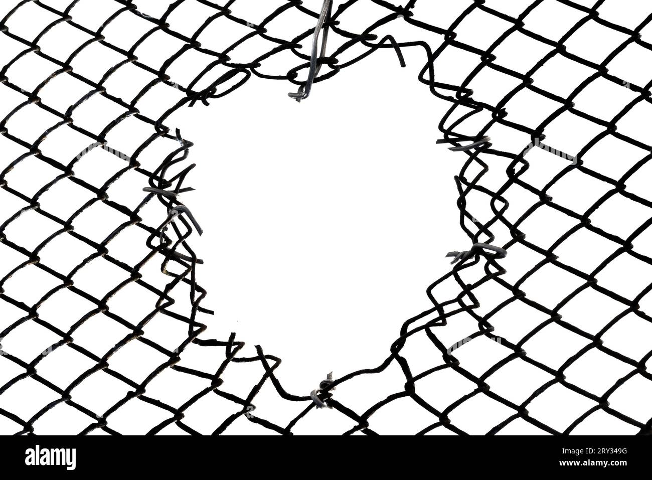 The texture of the metal mesh. Torn, destroyed, broken metal mesh on a ...