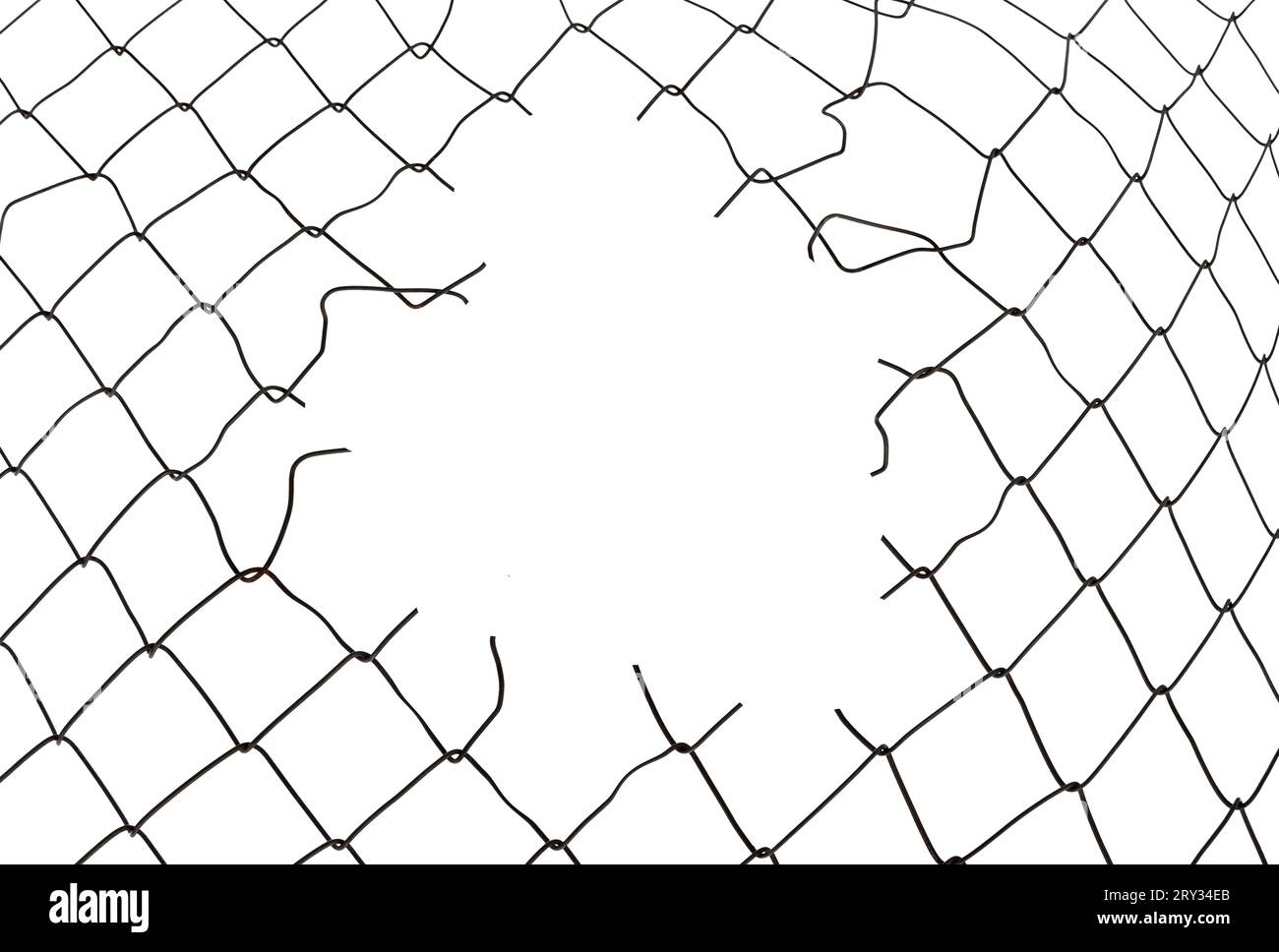 The texture of the metal mesh. Torn, destroyed, broken metal mesh on a ...