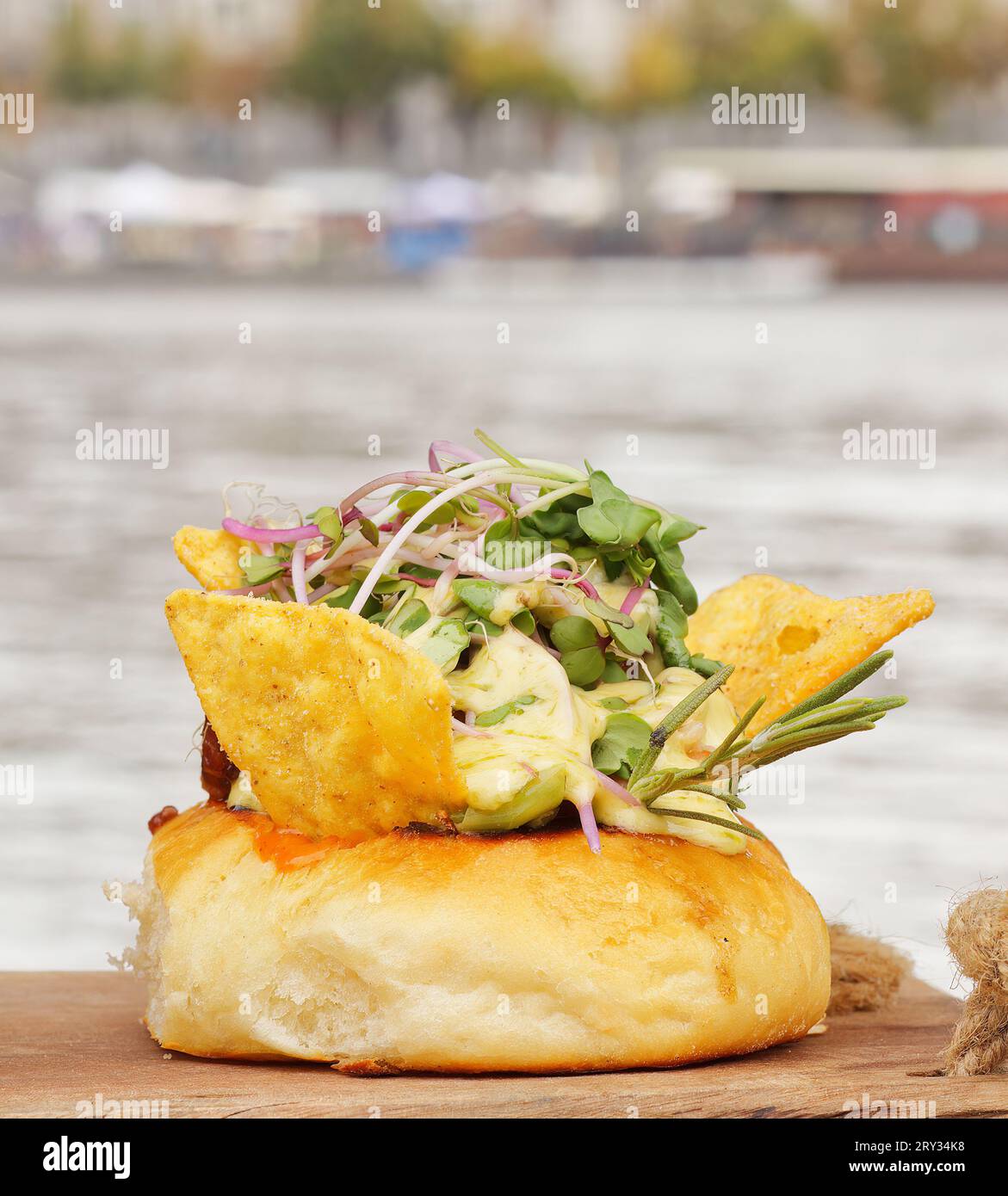 Juicy Spanish-style chicken burger with filled tortilla, garnished with ...