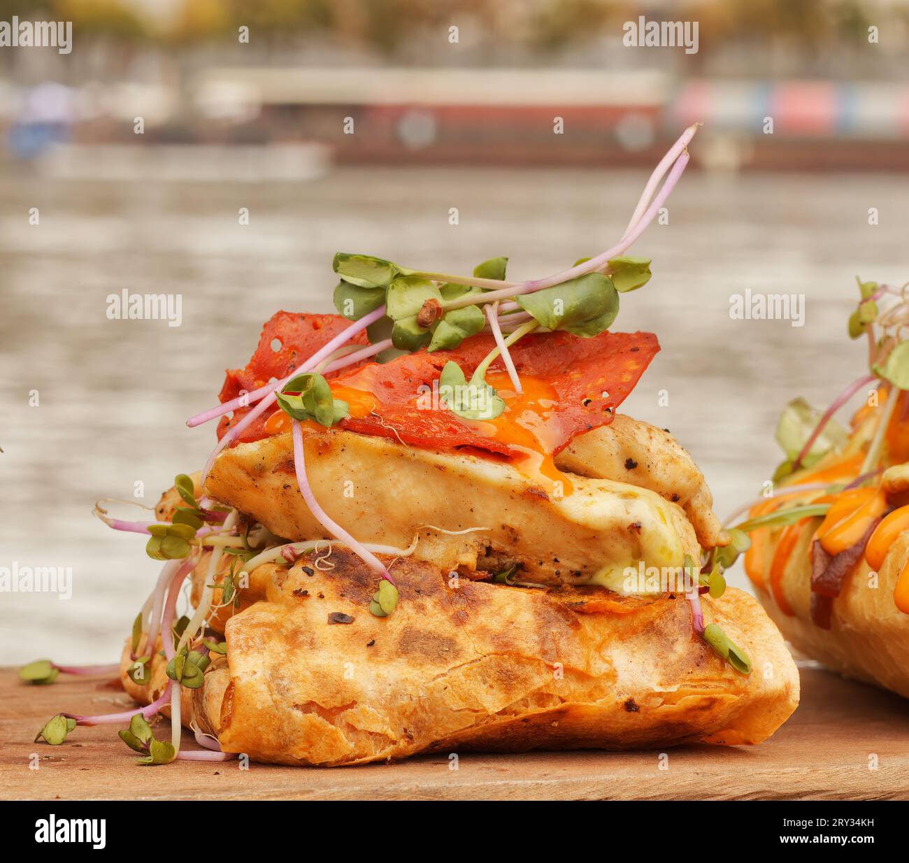 Juicy Spanish-style chicken burger with filled tortilla, garnished with ...