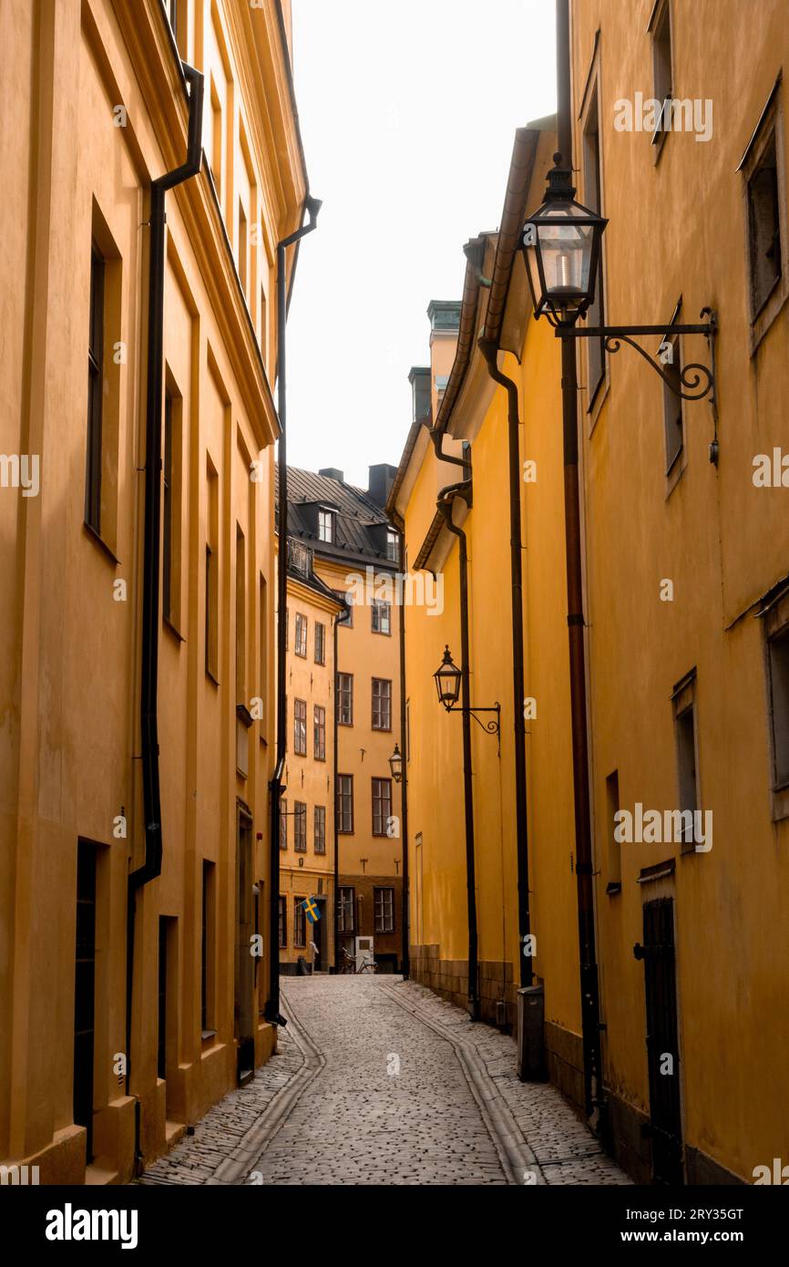 Medieval yellow stone houses in urban historic narrow alley in ...