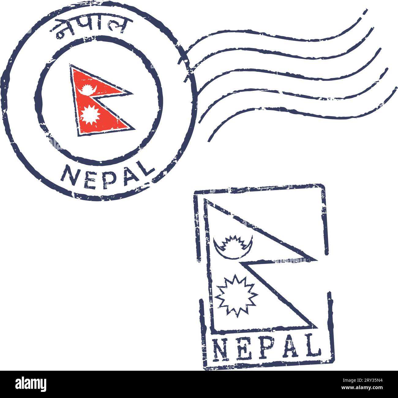 Two postal grunge stamps 'Nepal'. Nepali and english inscription. White ...